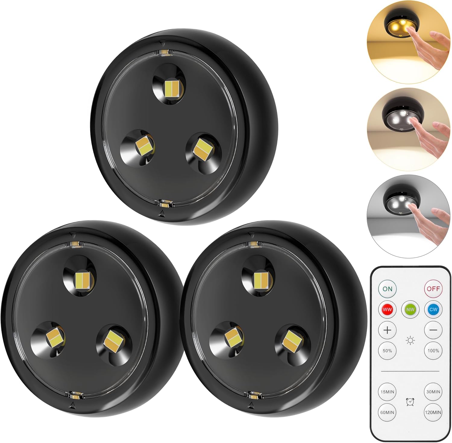 YLXS LED Puck Lights with Remote, 3 Color Battery Operated Push ...