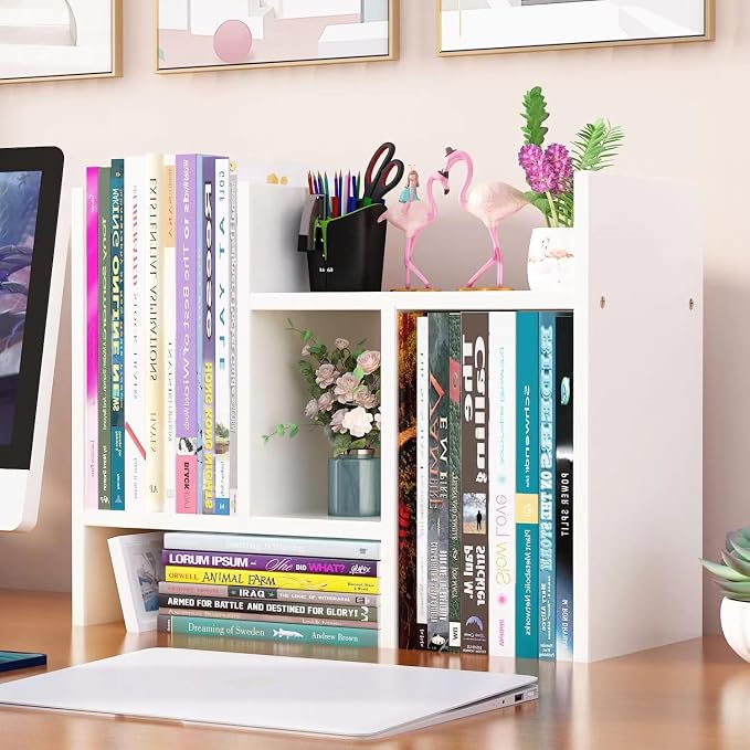 Hbluefat Adjustable Small Desktop Bookshelf, Expandable Desk Bookcase ...