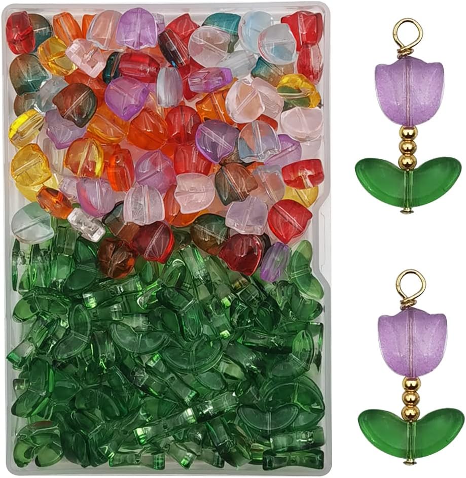 Amazon.com: 160Pcs Tulip Beads Glass Flower Beads Translucent Bracelet ...