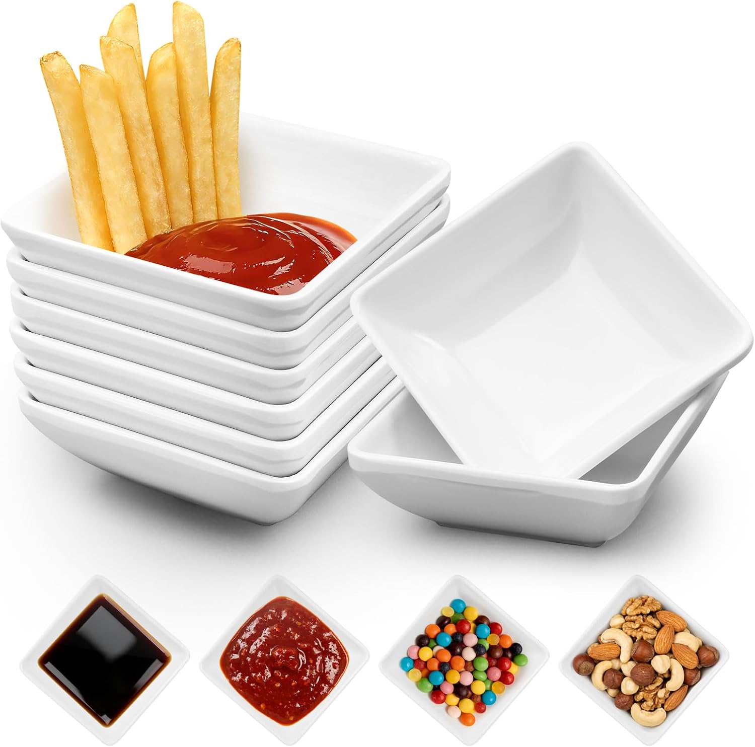 QINGHEC 8 Pcs Square Dipping Bowls, White Soy Sauce Dishes 7.3cm, Small ...