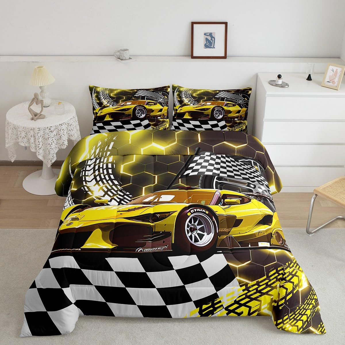 Amazon.com: Toddler Race Car Bed,Yellow Neon Lights Honeycomb Bedding ...