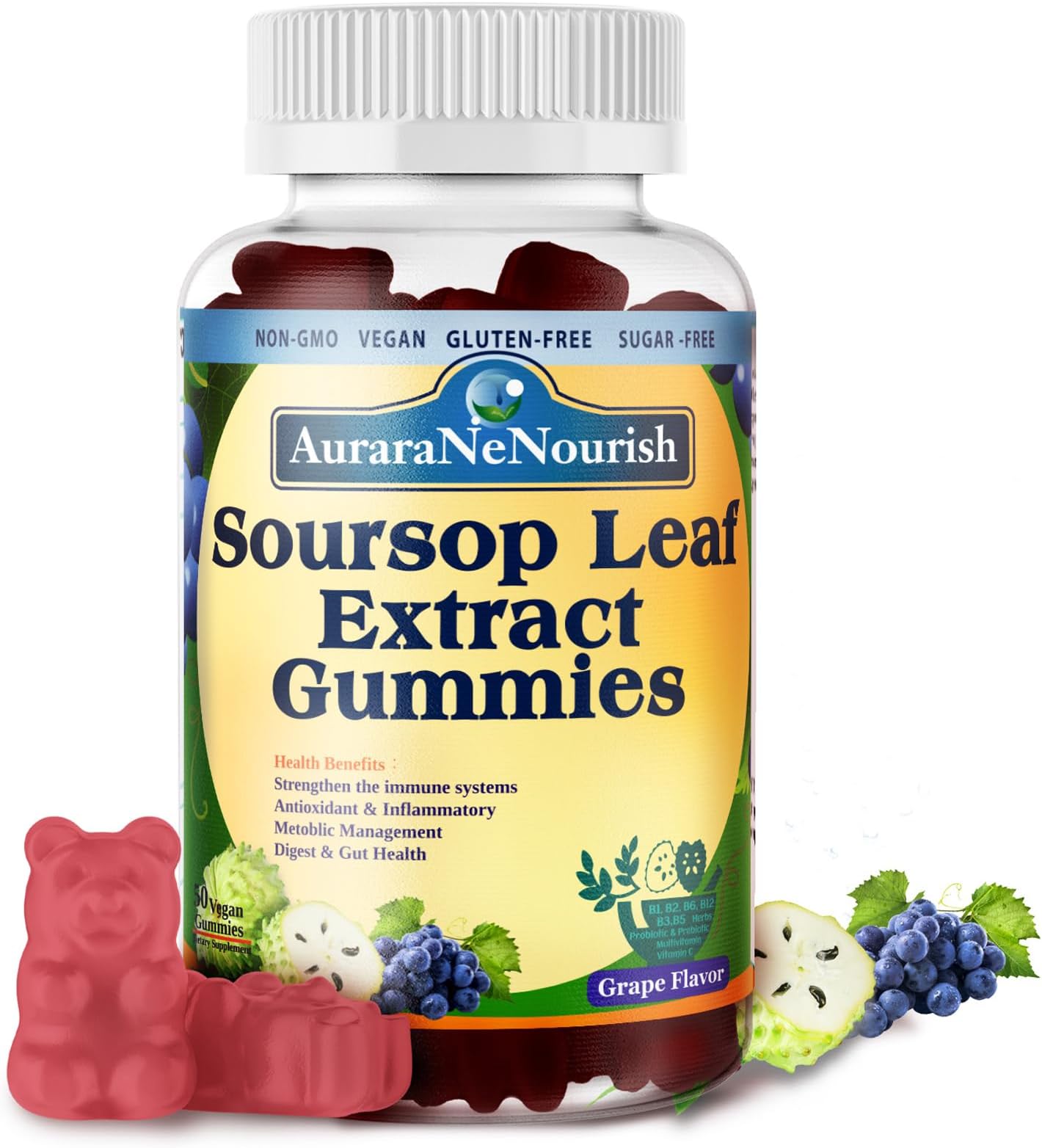 Amazon.com: Sugar Free Soursop Gummies with Probiotics & Fiber 100 ...