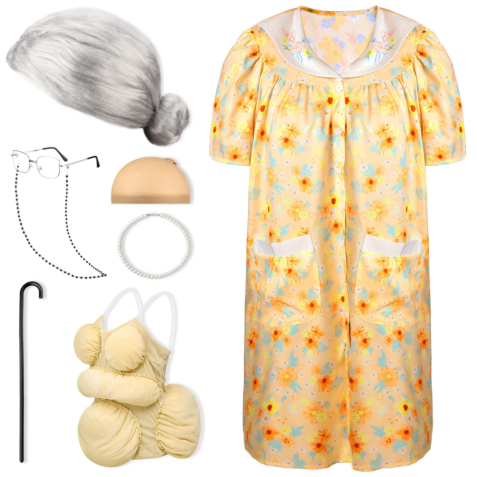 Yaomiao 8Pcs Old Lady Costume Set for Women Fat Suits Grandma Dress ...