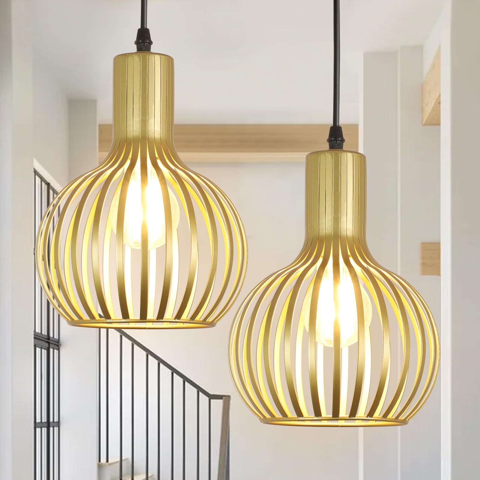 DLLT 2-Pack Gold Pendant Light Fixtures, Adjustable Pendant Lighting ...
