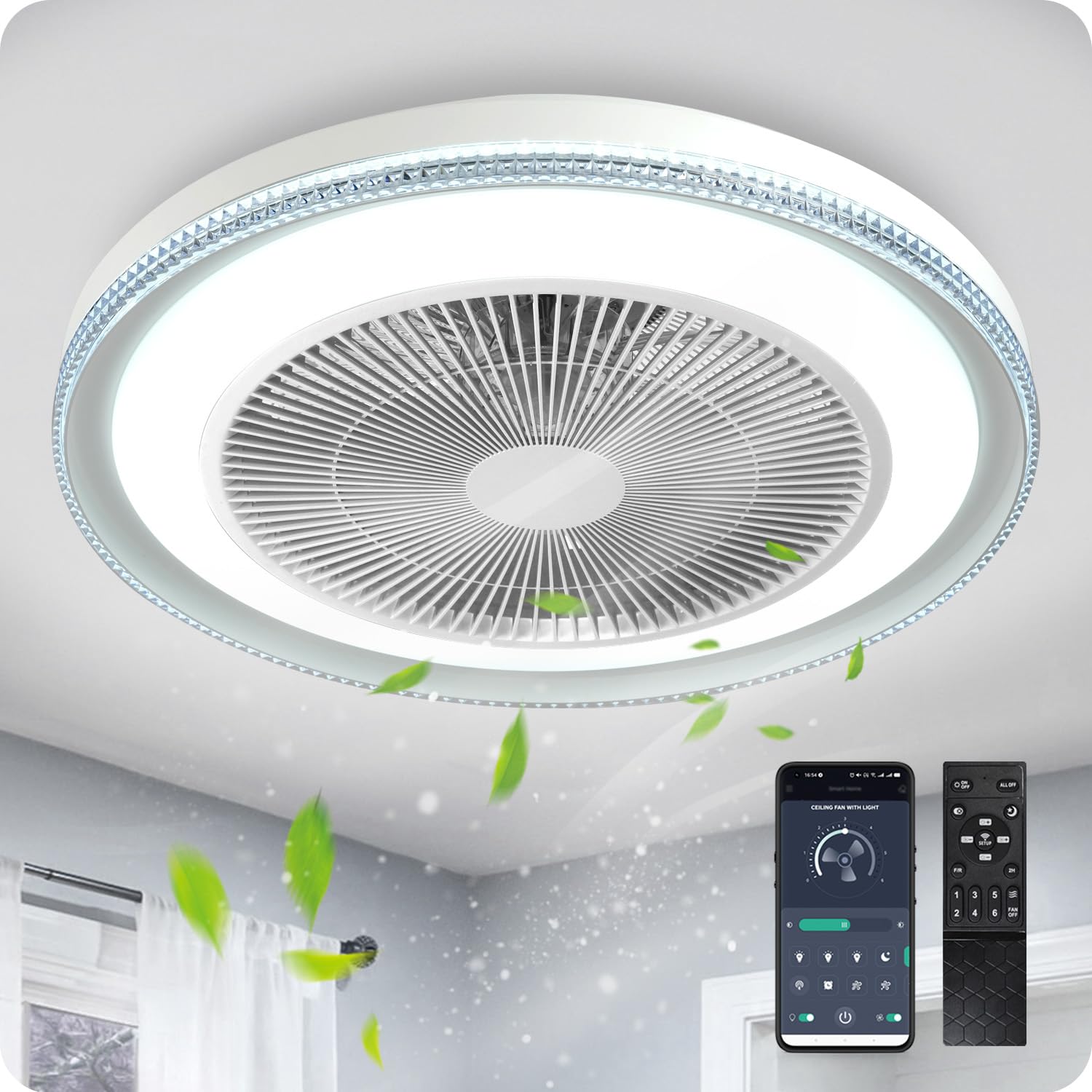 BAYSQUIRREL Flush Mount Ceiling Fan With Light White Enclose Bladeless ...