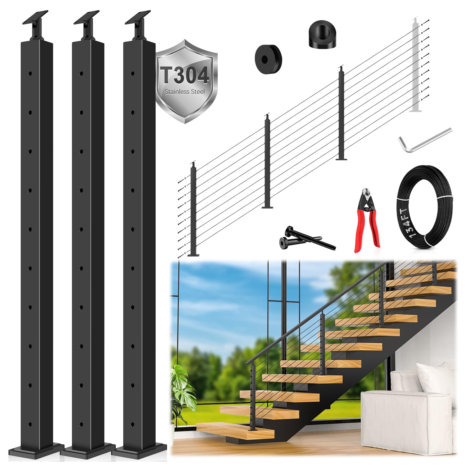 36" One-Stop Black Cable Railing Posts Kit(Super Easy DIY), Include ...