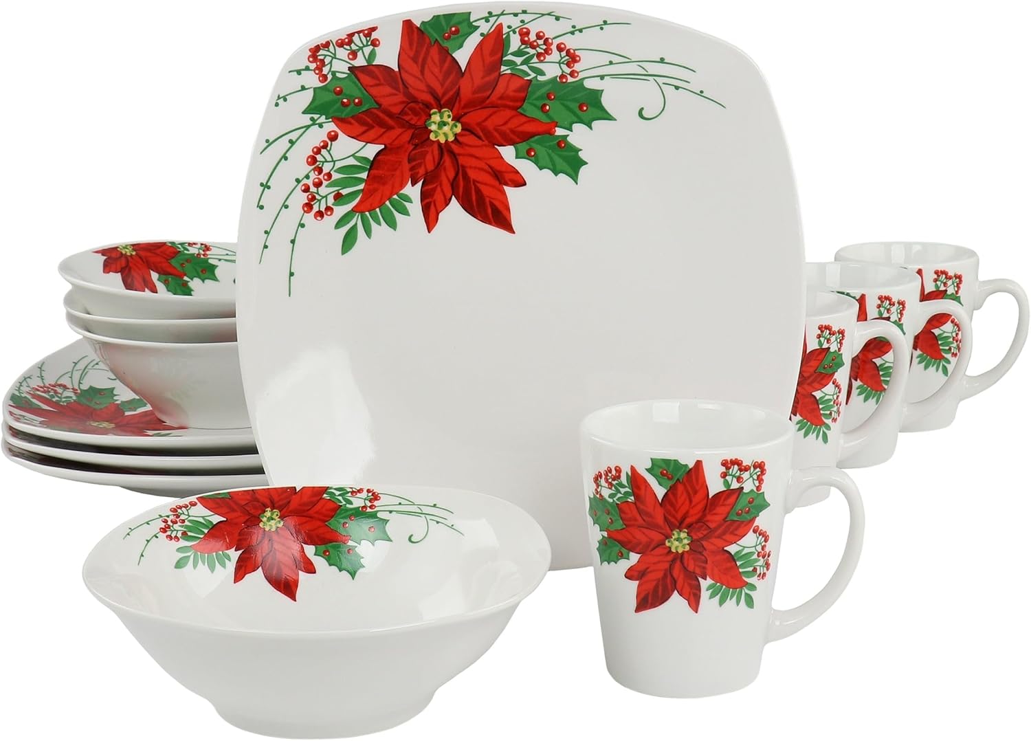 Amazon.com | 12 Piece Fine Ceramic Dinnerware Set Red Holiday Casual ...