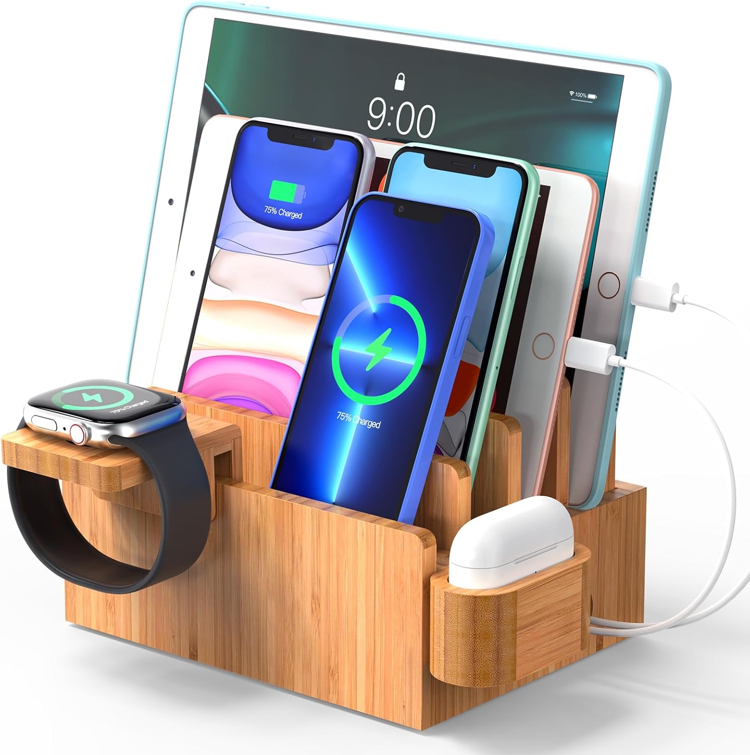 Pezin & Hulin Bamboo Multi Charger Station, 4-slot Wooden Charging Dock ...