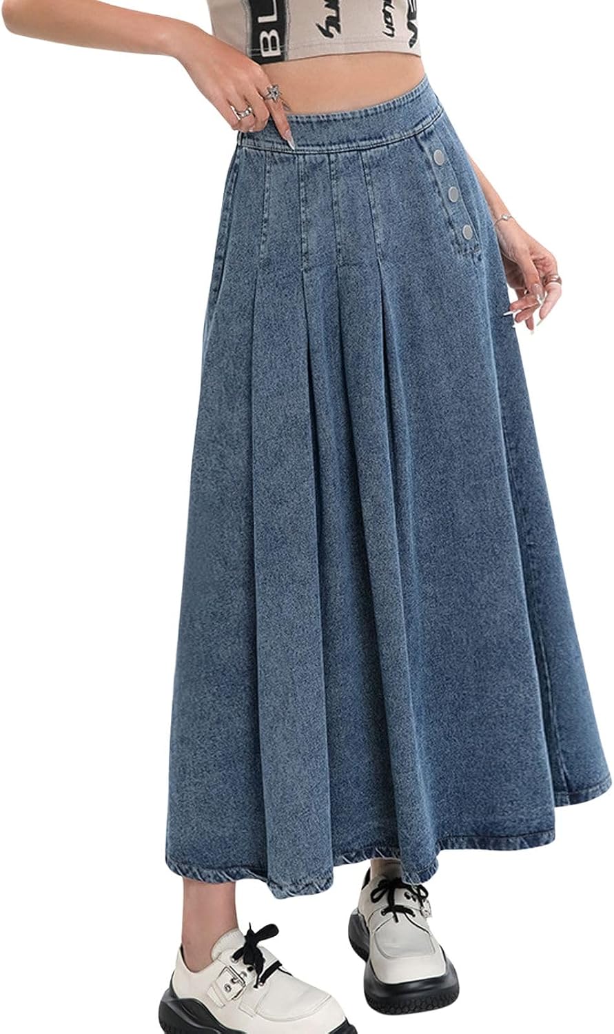 Amazon.com: CHARTOU Women Pleated Denim Skirt Long Jean Skirt Flowy ...