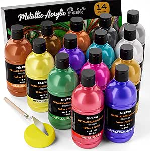 Amazon.com: Nicpro Metallic Acrylic Paint Set (16.9 oz, 500 ml), 14 ...