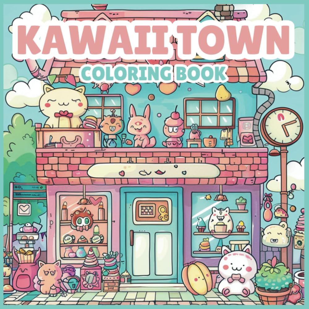 Kawaii Town Coloring Book: Cute Kawaii Creatures, Store Front Scenes ...