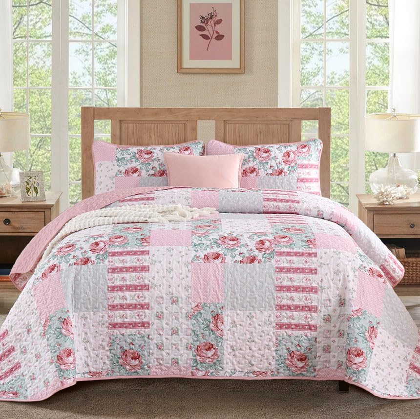 Amazon.com: Patchwork Quilt Set Queen Size, Pink Floral Plaid Bedspread ...
