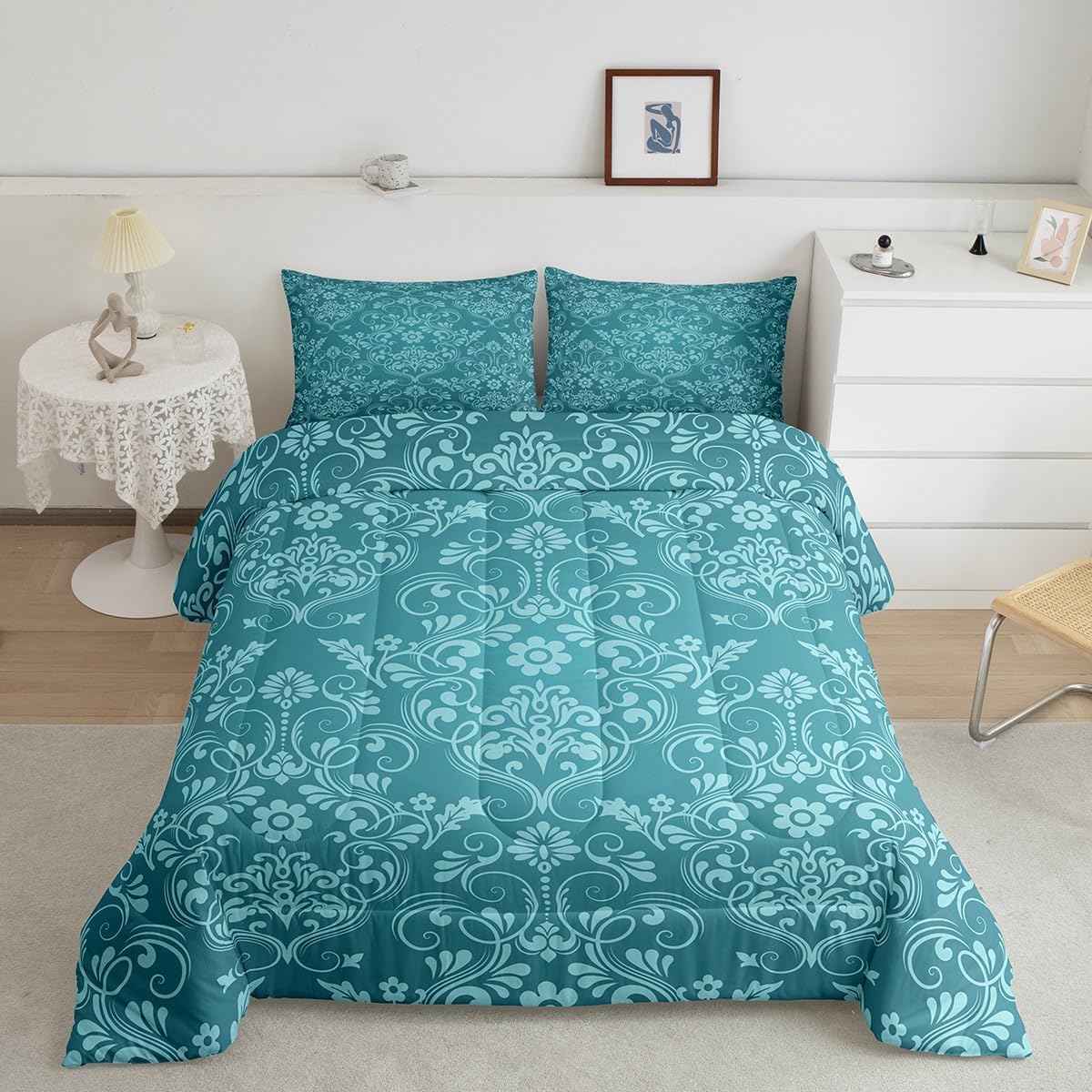Amazon.com: Feelyou Adults Teal Vintage Damask Floral Comforter Set ...
