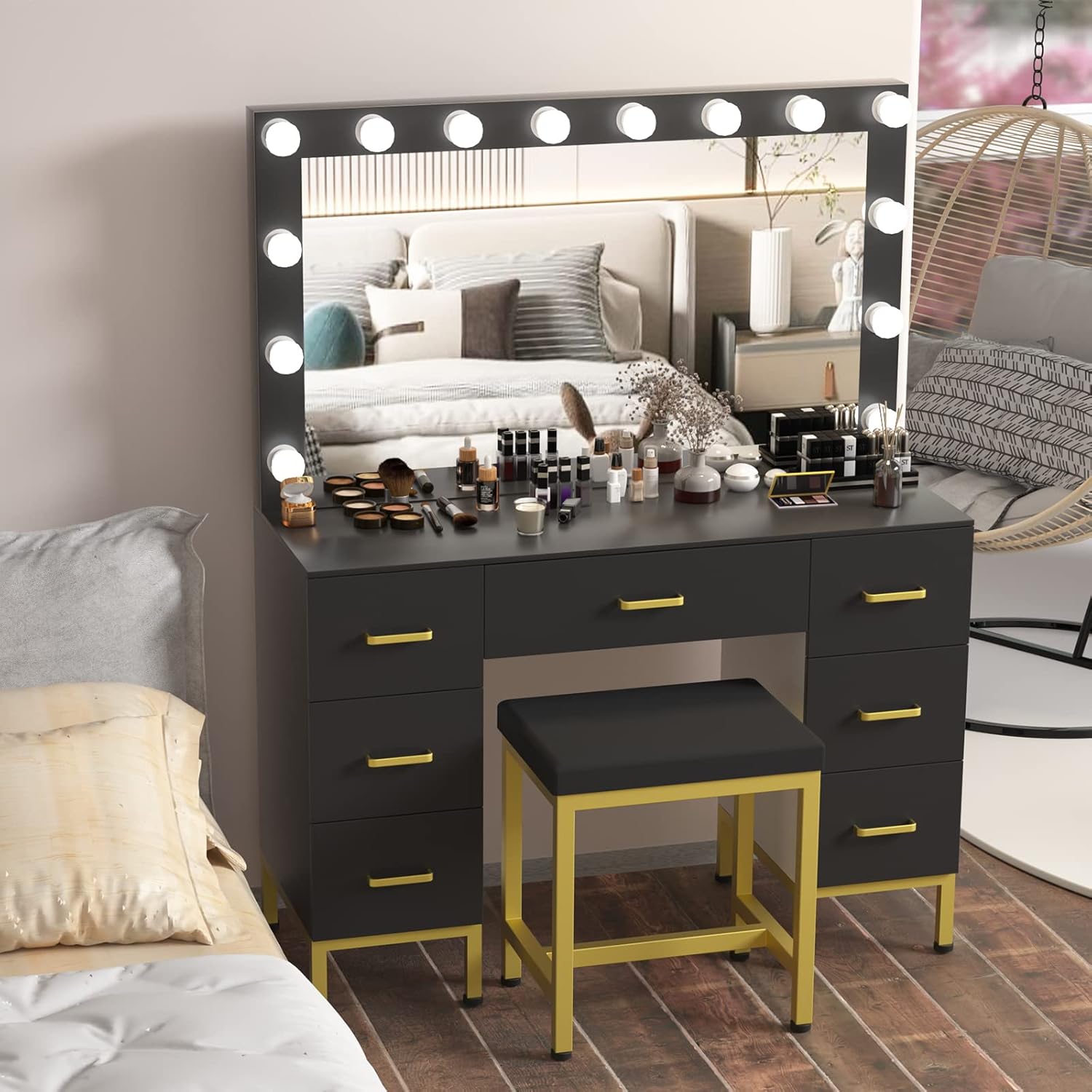 Amazon.com: PakaLife Makeup Vanity with Lights, 43.3'' L Vanity Desk with Mirror and 14PCS LED ...