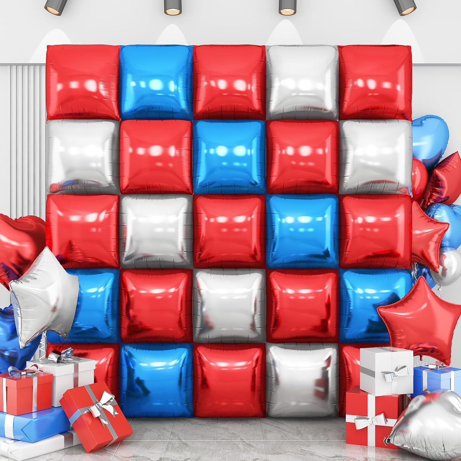 Amazon.com: Red Blue Silver Square Foil Balloon Wall,25Pcs Double Sided ...