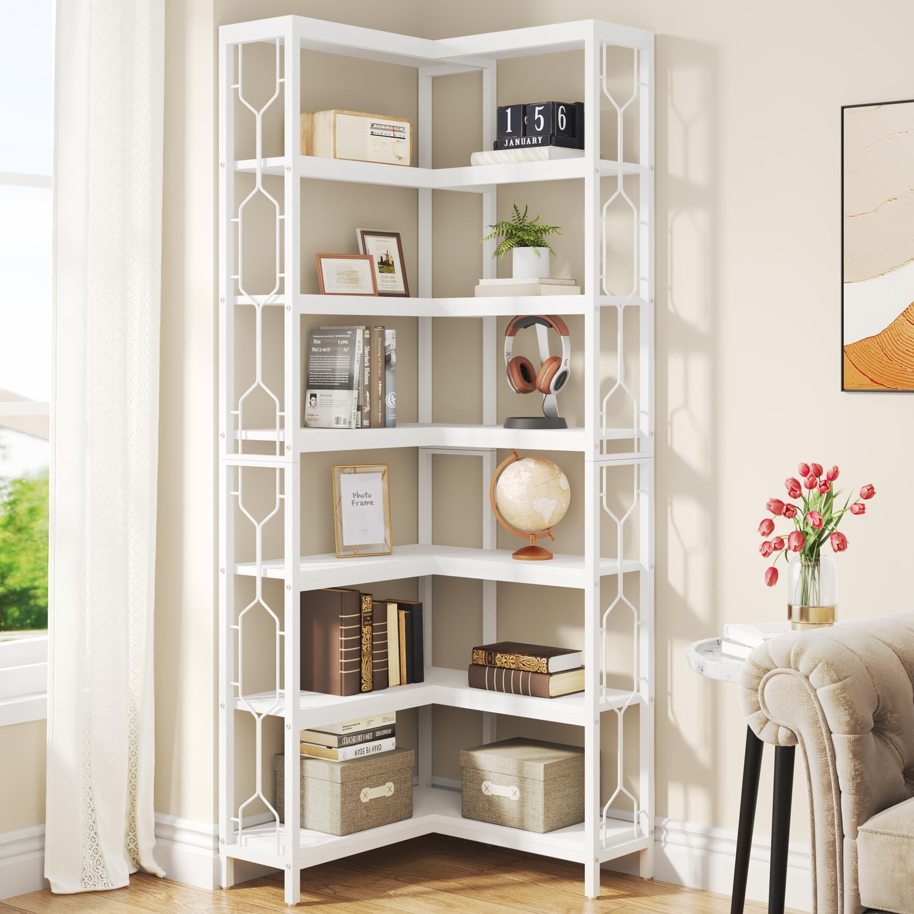 Amazon.com: IOTXY 6-Tier L-Shaped Corner Bookshelf - 66" Tall Wooden ...
