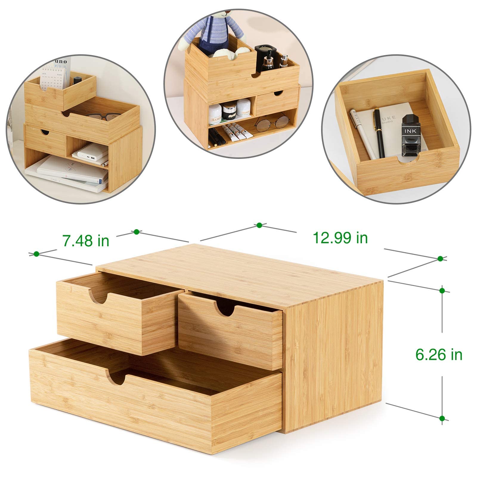 Wisuce 100% Original Bamboo Desk Organizer - Mini Bamboo Desk Drawer ...