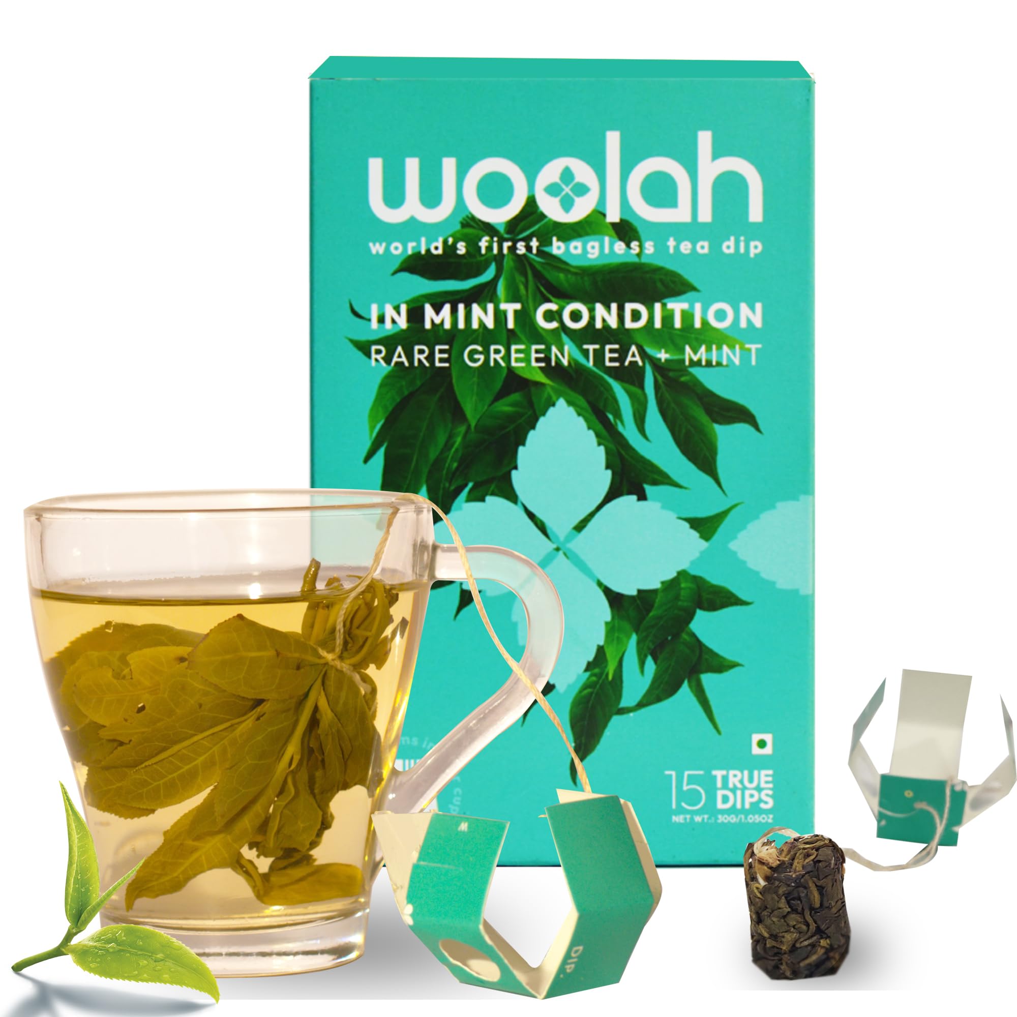Woolah Rare Assam Green Tea with Mint,Organic BAGLESS Tea Dip(15 Dips ...