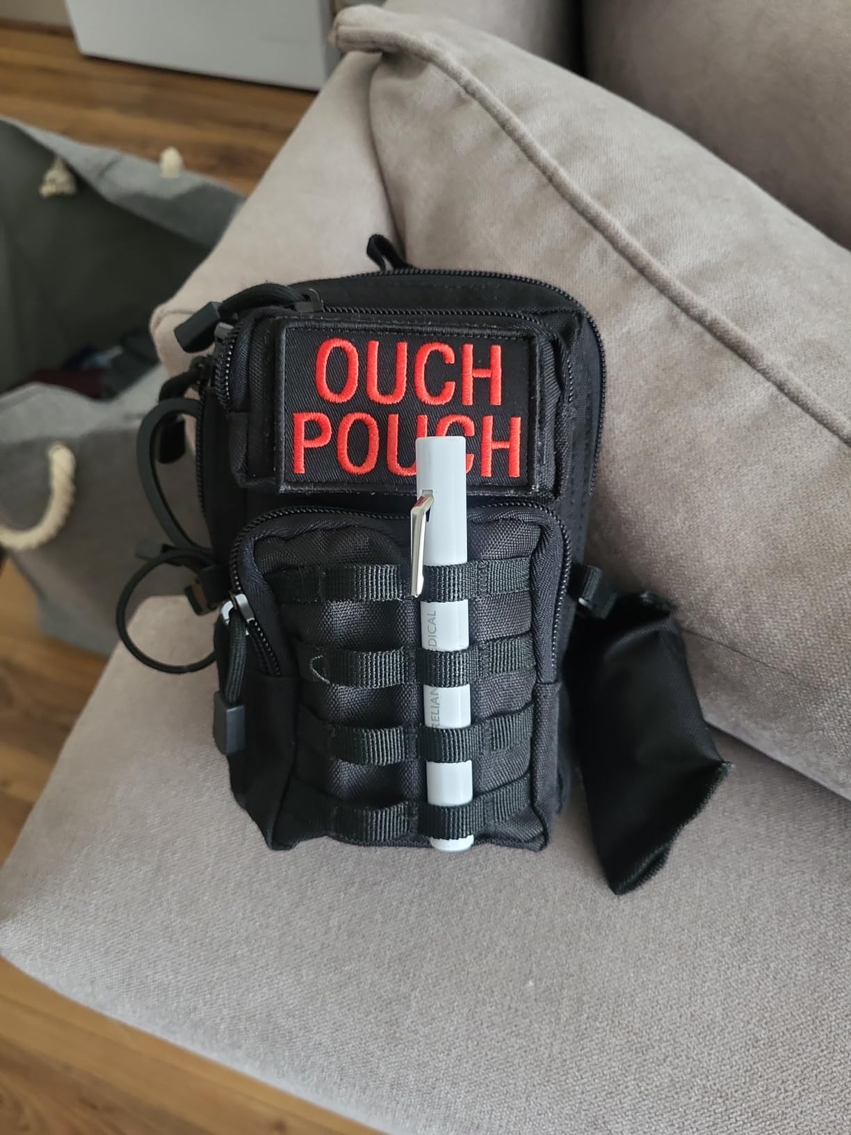 Ouch Pouch Embroidered Patch Tactical Morale Applique Fastener Hook & Loop Emblem, White & Black ...