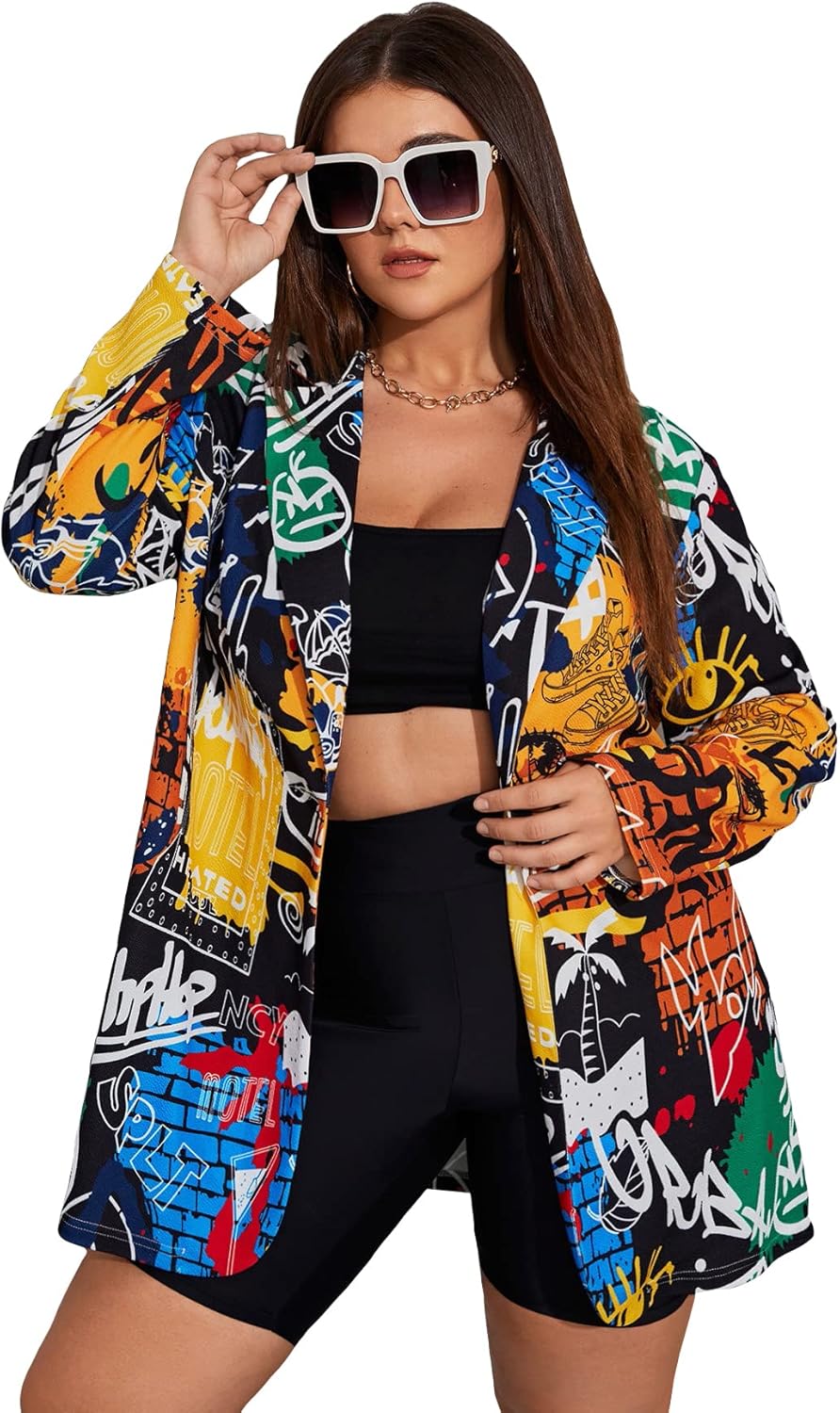 WDIRARA Women's Plus Size Lapel Collar Open Front Graffiti Graphic ...