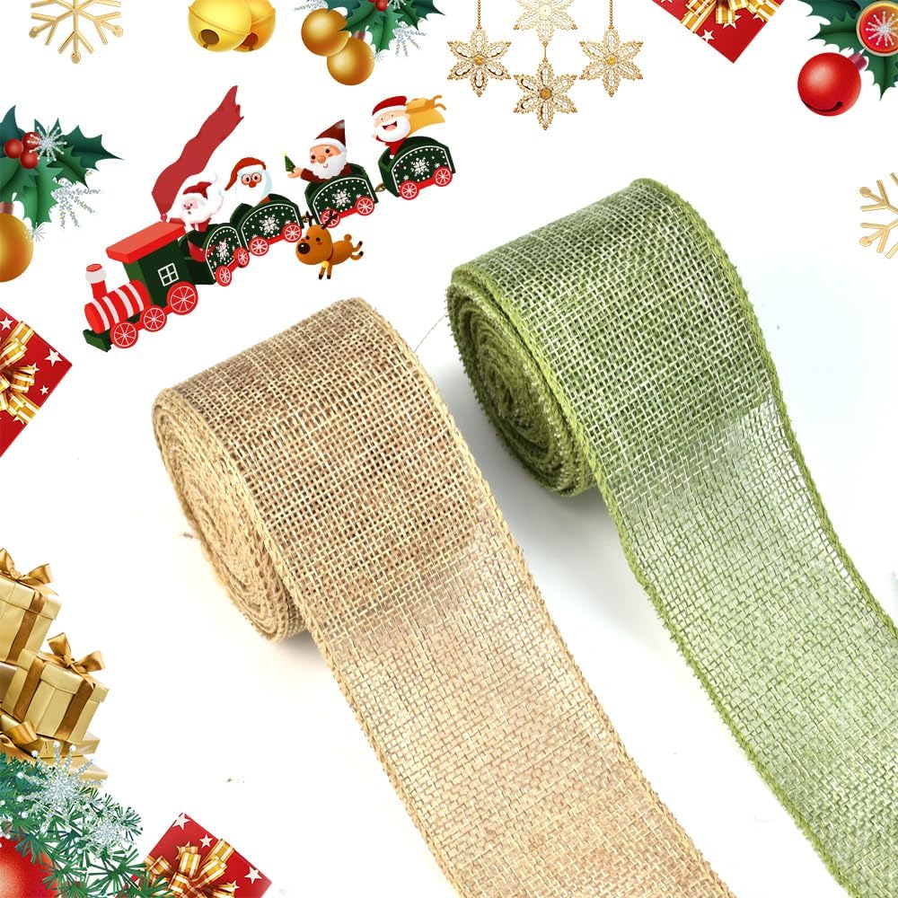 KITERI 2 Roll Burlap Fabric Craft Ribbon, 2 inch Wired Burlap Ribbon ...
