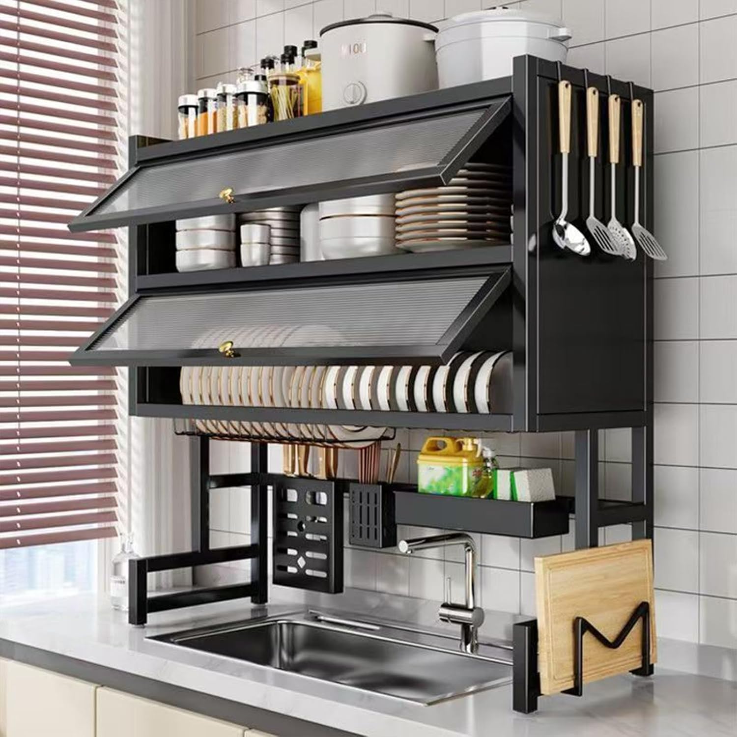 Amazon.com - BRYSJ Dish Drying Rack 4 Tiers with Cover, Keep Kitchen ...