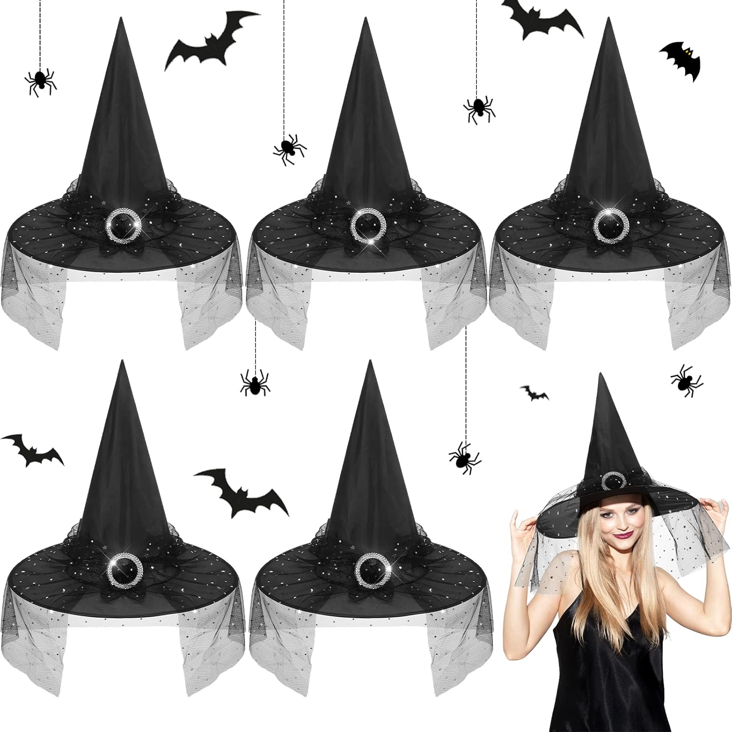 Amazon.com: Coume 5 Pieces Halloween Witch Hat for Women Vintage Party ...