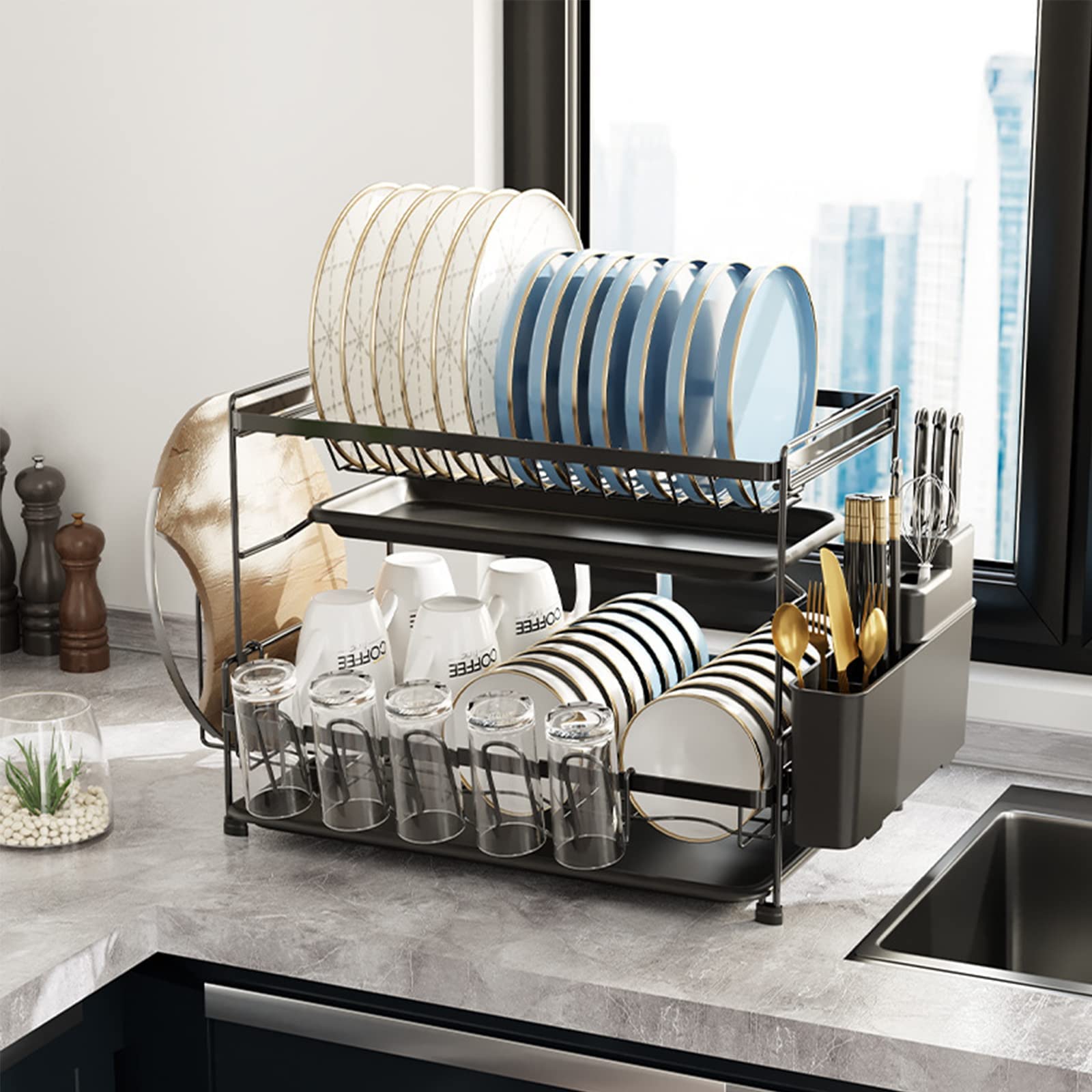 Beauenty Dish Drying Stand With Drainer 2 Tiers Large Kitchen Dish Rack ...
