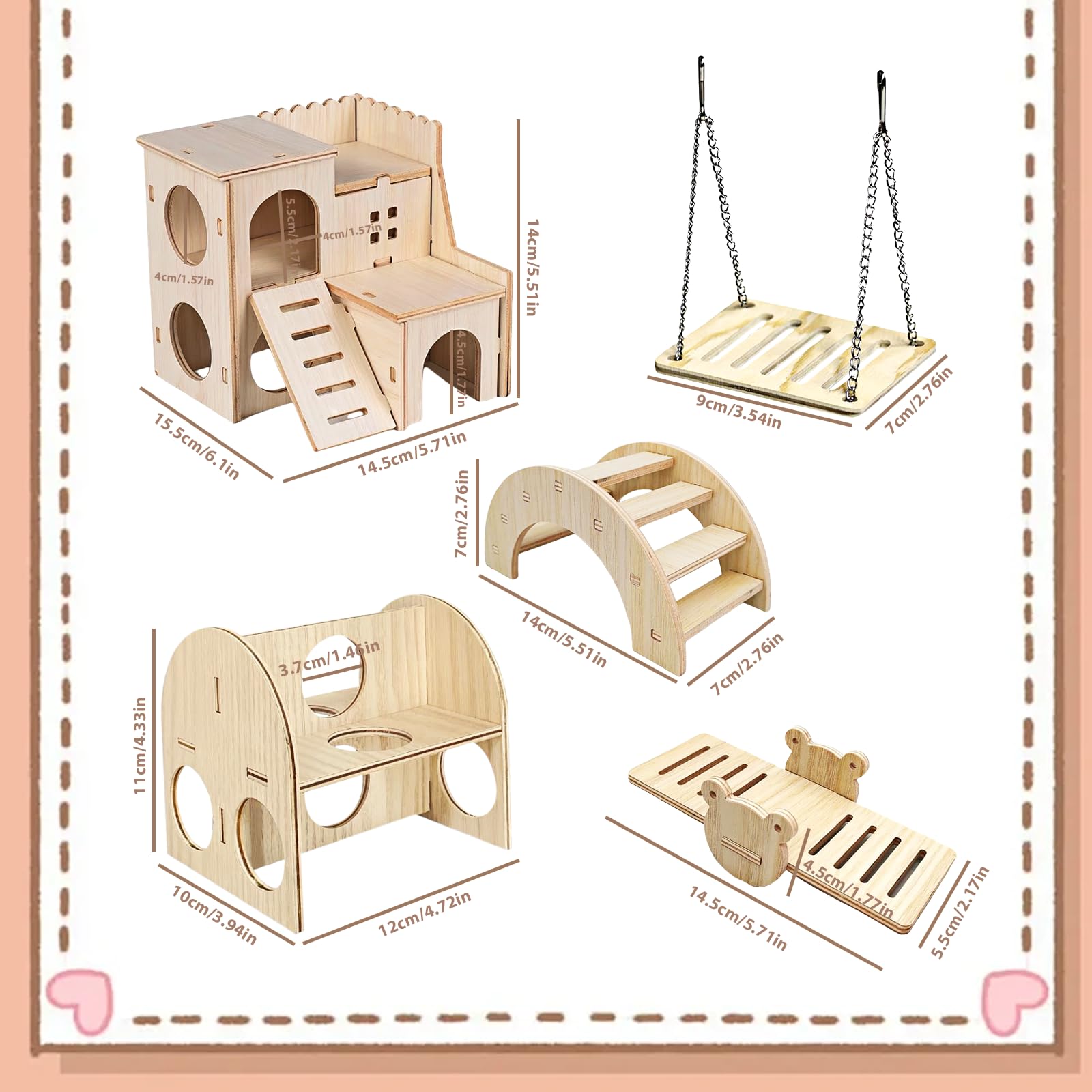 PRITOK Wooden Hamster Toy Set: 5 Pieces Hamster Wooden Toys Including ...