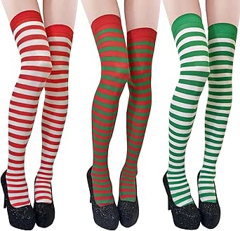 Apragaz 3 Pairs Christmas Novelty Striped Knee Socks, Women Over Knee ...