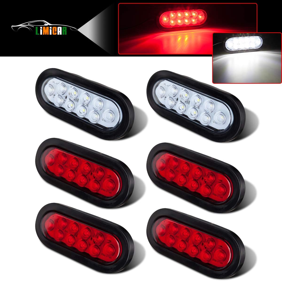 LIMICAR 4 RED 2 White 6" Oval LED Trailer Tail Lights Kit 10-LED Stop ...