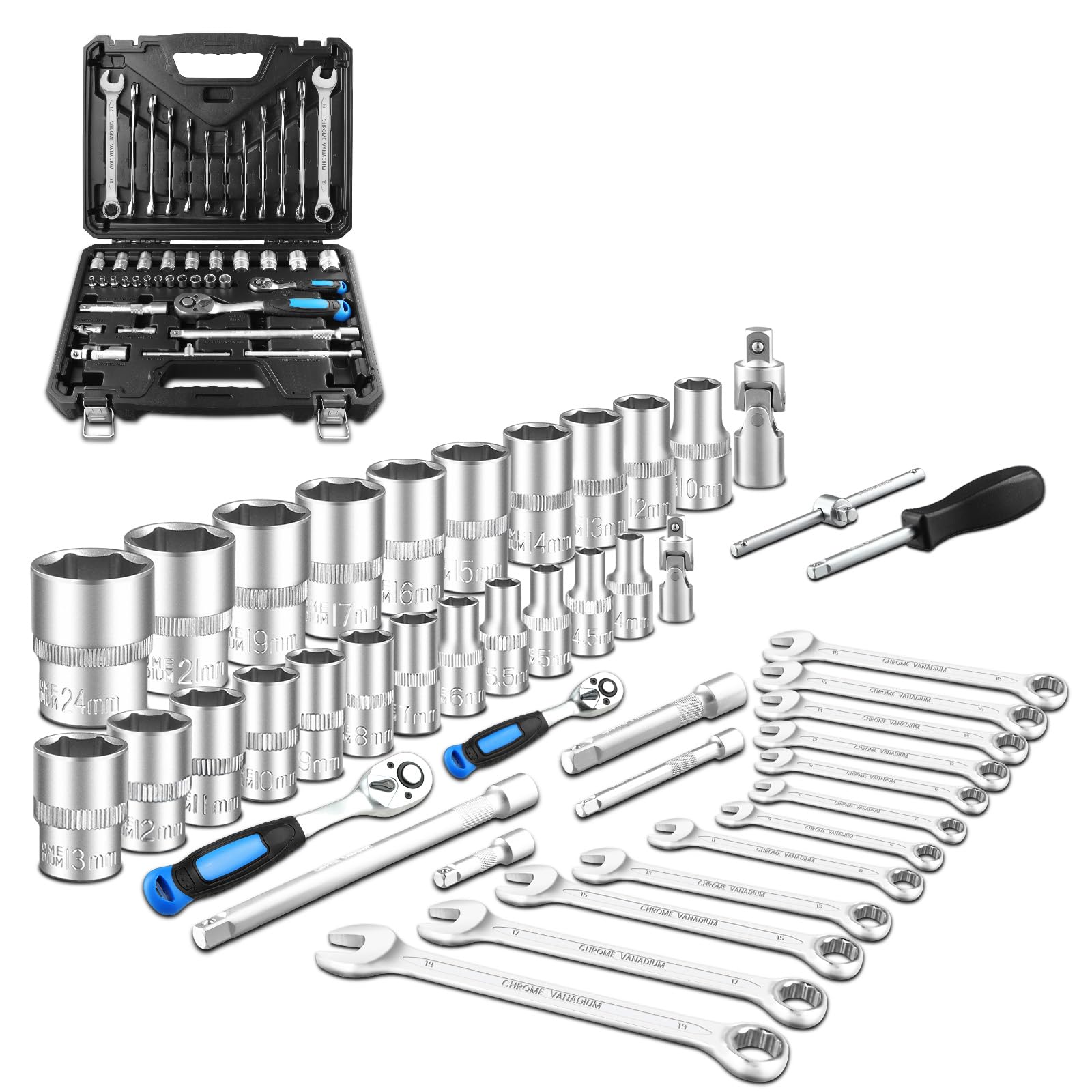 Amazon.com: BLACKROBOT 43Pcs Mechanics Tool Set, 1/4" & 1/2" Drive Socket Set Wrench Ratchets ...