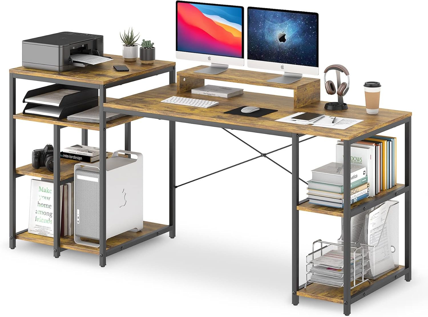 Rustic Brown Computer Desk with Storage Shelves and Cabinet Hutch in ...