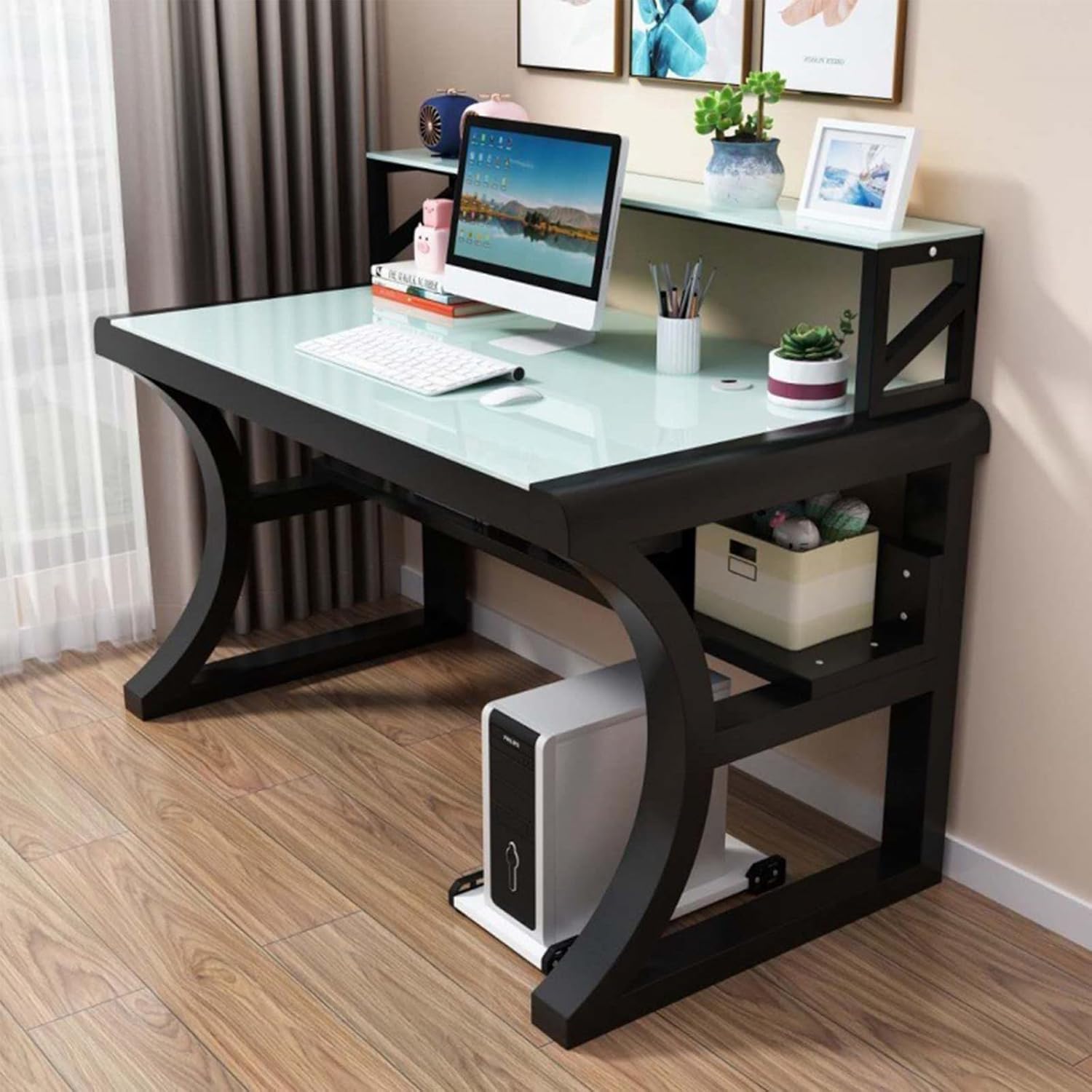 Amazon.com: Topjia Tempered Glass Computer Desk, Large Office Desk with ...