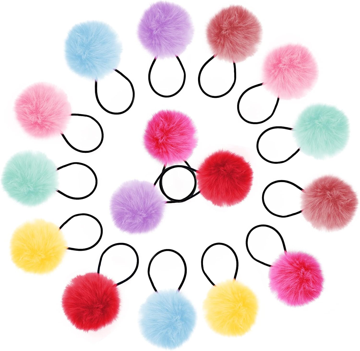16Pcs Fluffy Hair Bobbles, Pom Pom Hair Ties, Cute Fur Elastic, No Snag ...