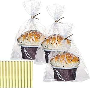 Amazon.com: 200 Pack 5"×2"x6.5" Cellophane Muffin Bags with Gold Twist ...