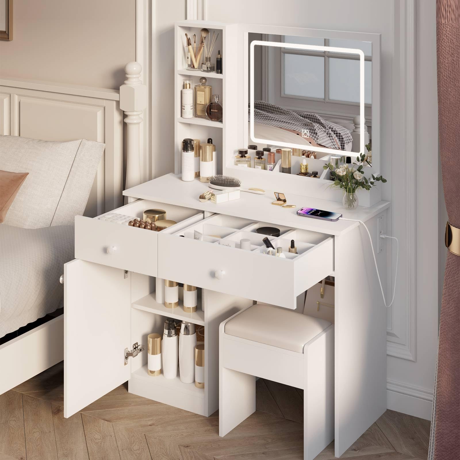 Amazon.com: WIIS' IDEA Vanity Desk with LED Lighted Mirror & Power ...