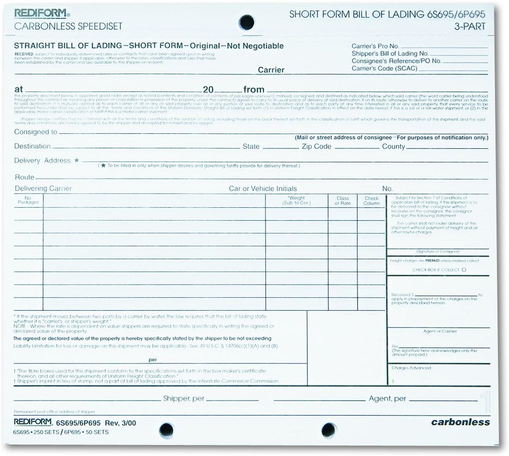 Blueline Bills of Lading Individual Carbonless Forms 50 Triplicates ...