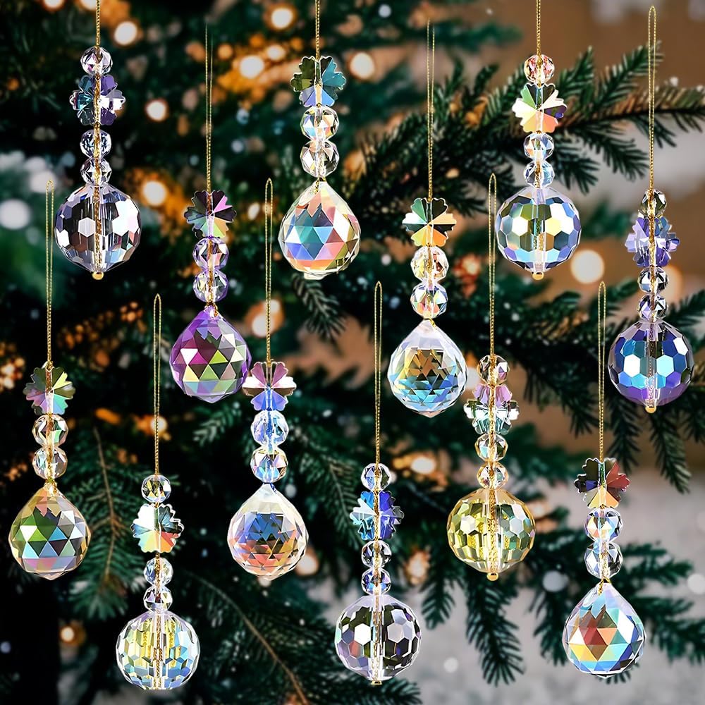 Crystal Christmas Tree Decorations, 12PCS Rainbow Glass Christmas Tree ...