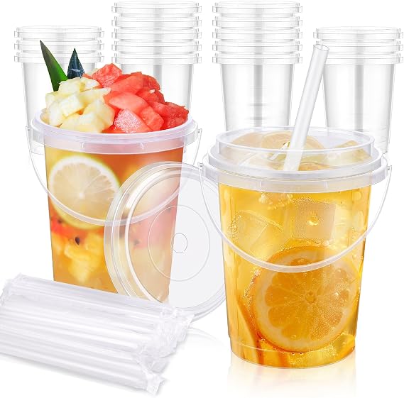 Amazon.com: mwellewm 30 Pcs Drink Buckets with Lids and Straws, 34 oz ...