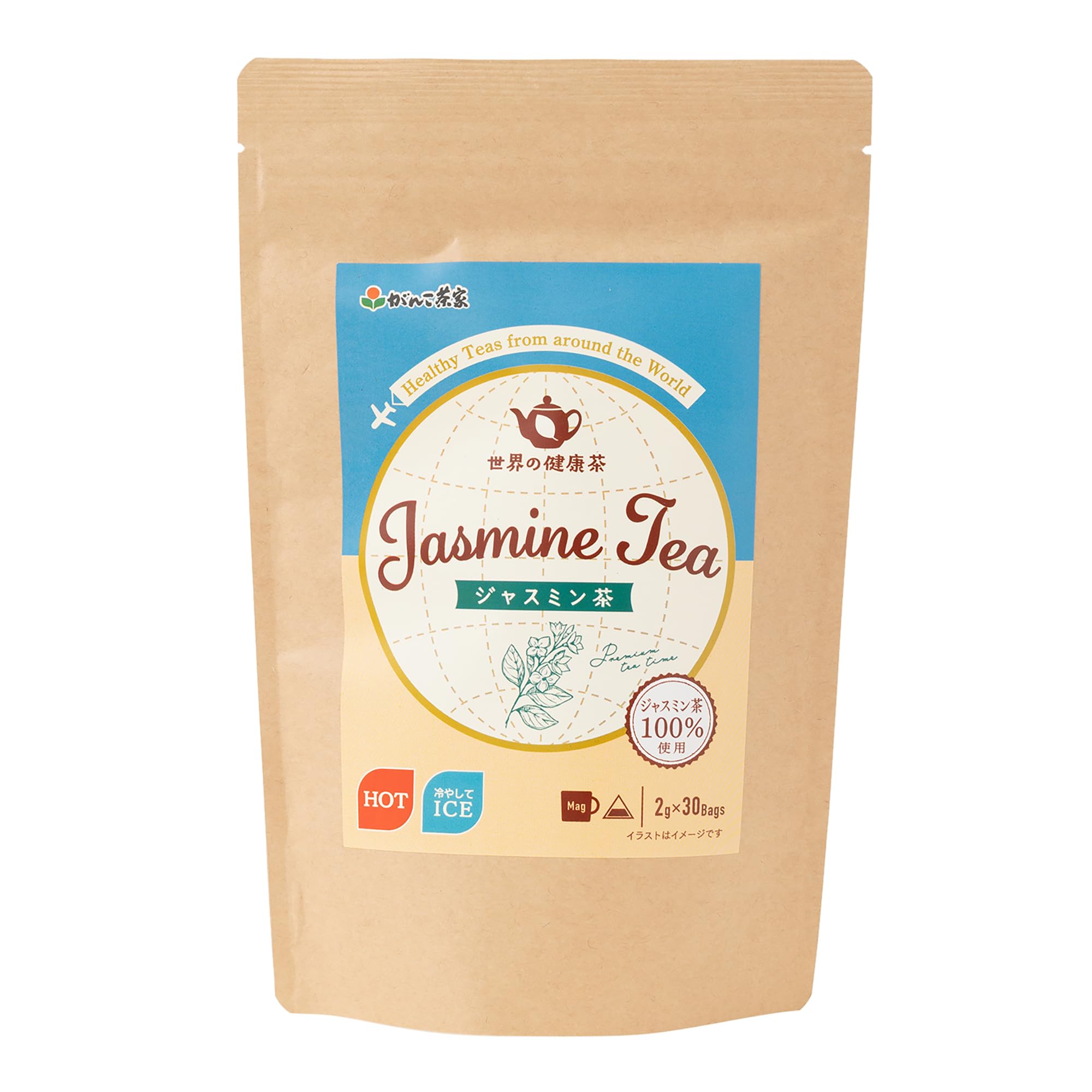Amazon.co.jp: がんこ茶家 世界の健康茶 ジャスミン茶 100% 60g(2g×30p) 紐なし三角ティーバッグ : 食品・飲料・お酒