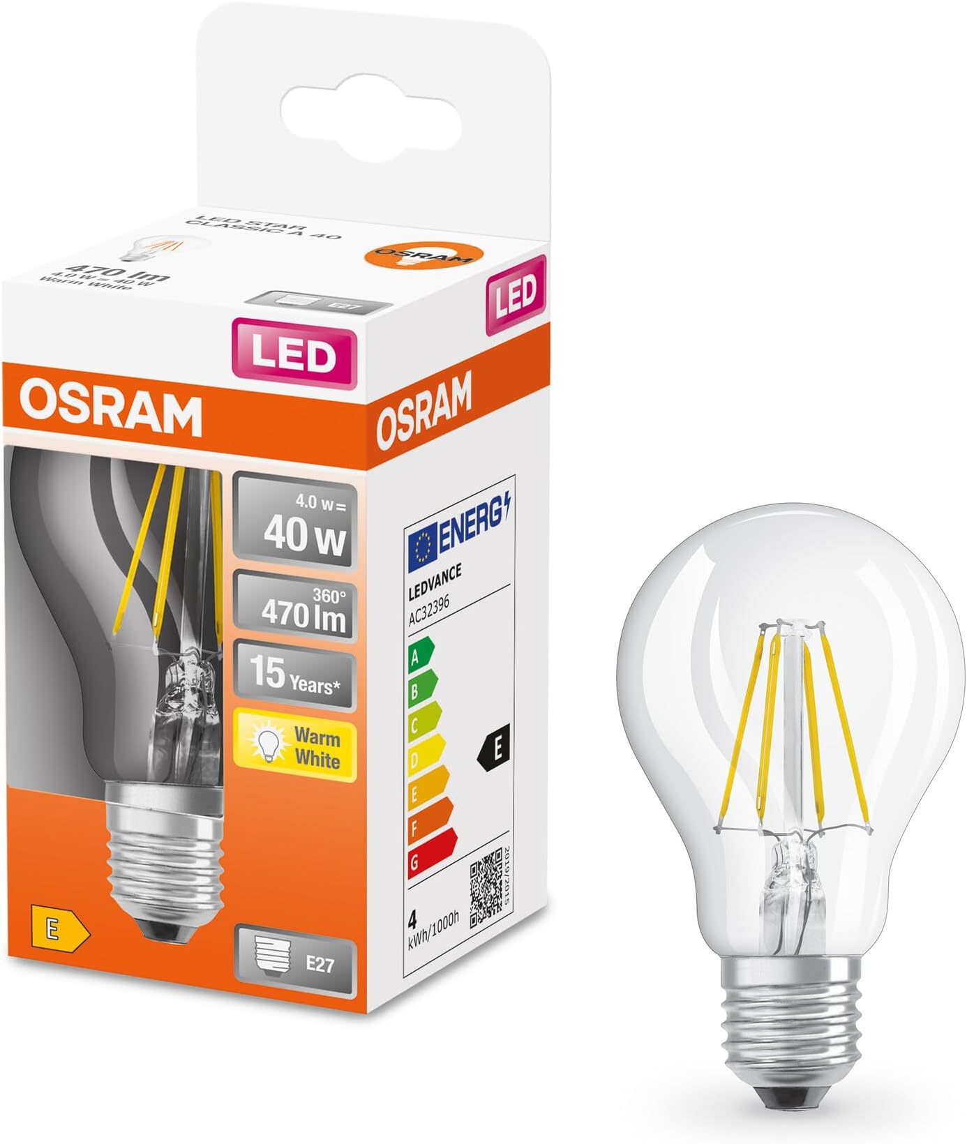 OSRAM LED Star Classic A40 LED Bulb for E27 Socket, Pear Shape, FIL ...