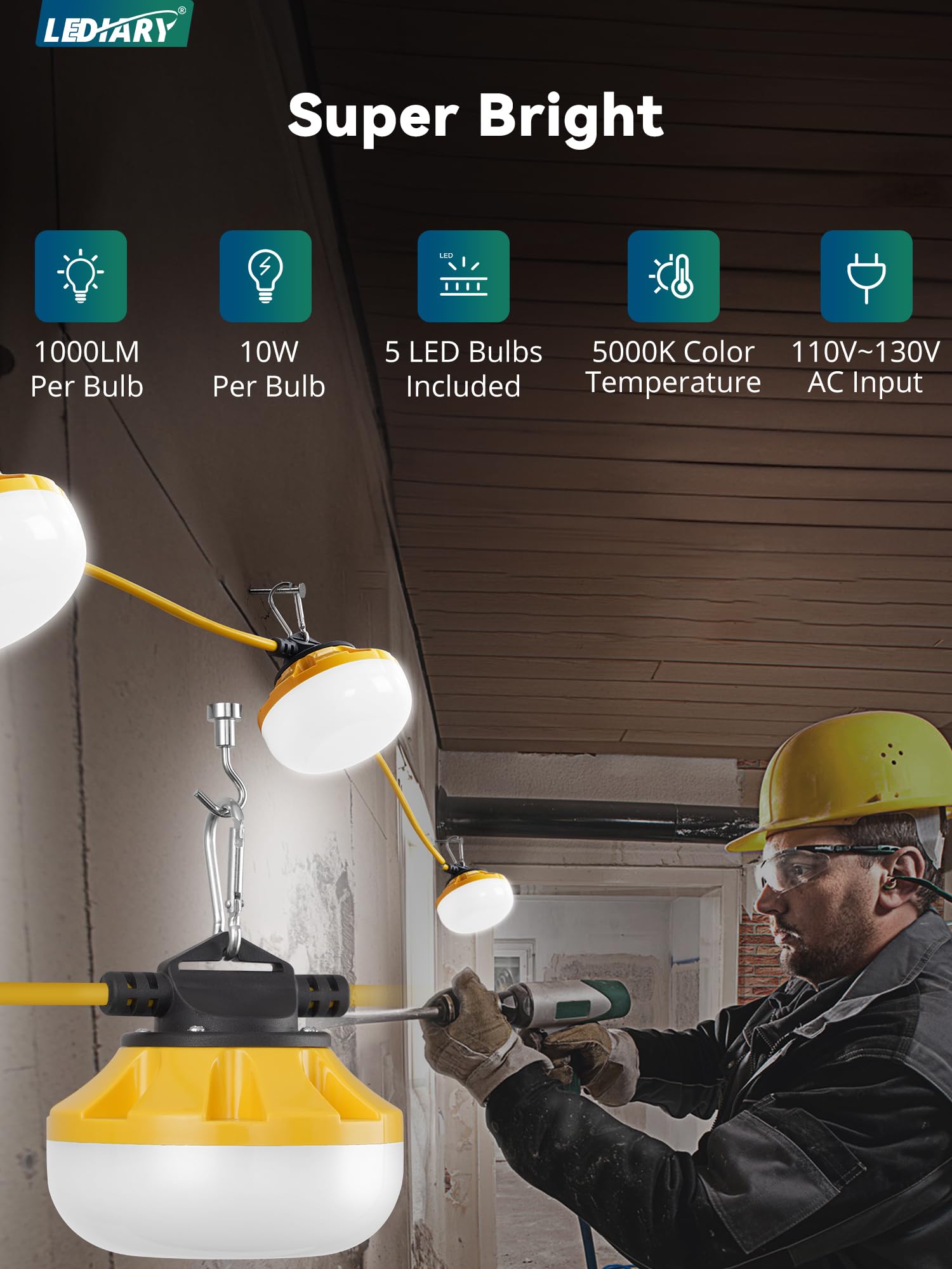 Snapklik.com : 50FT LED Construction String Lights, 50W 5000LM String ...