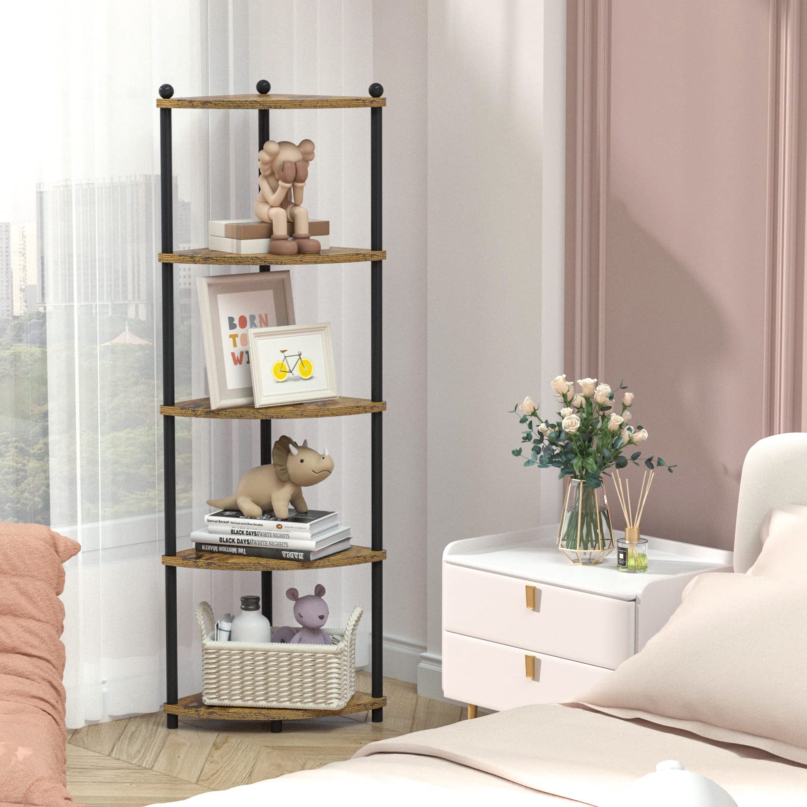 Black Corner Shelf Stand for Living Room-Wood Corner Shelving Unit 5 ...