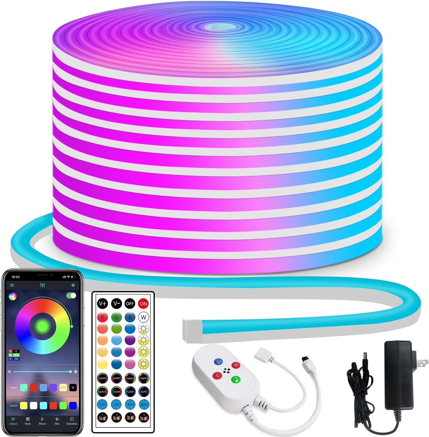 segrass 50ft LED neon Lights 24V RGB LED neon Rope Lights with Remote ...