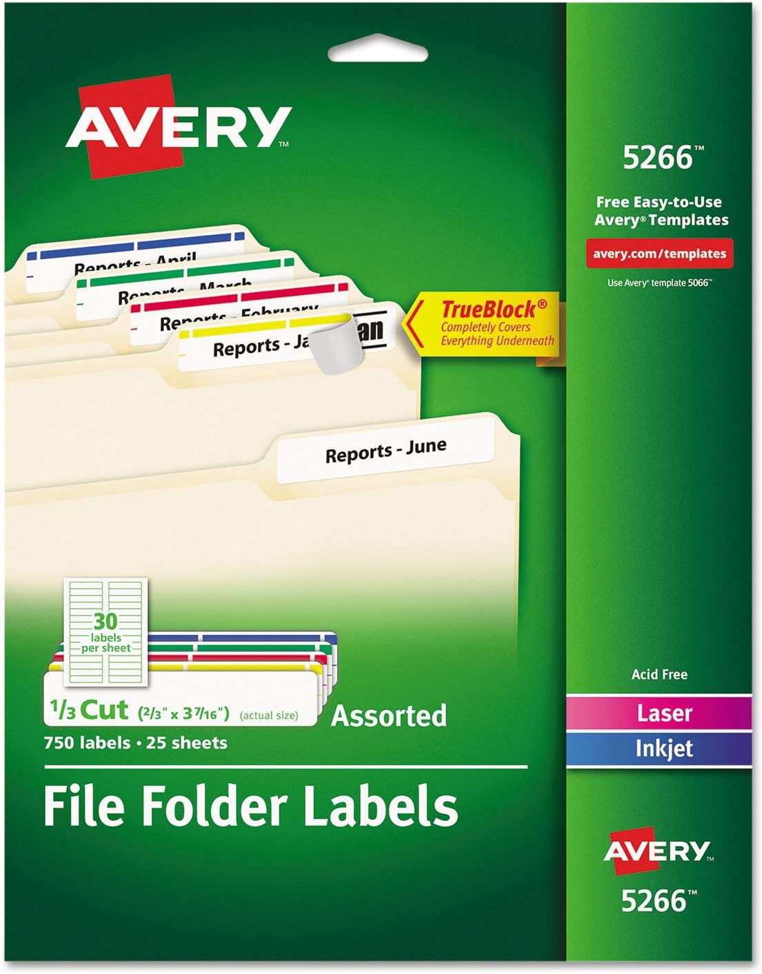 Amazon.com : Avery 5266 Permanent Filing Labels, 1/3 Cut, 750/Pk, Rd/Be ...