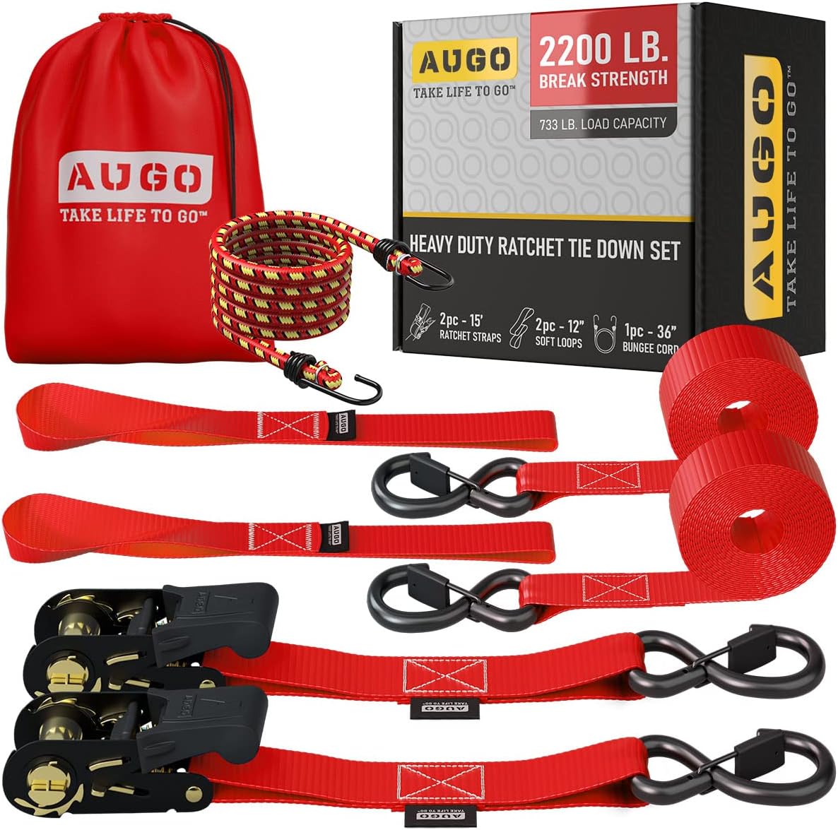 Amazon.com: AUGO Ratchet Tie Down Straps -2 PK– 15 FT – 2,200 LB Break ...