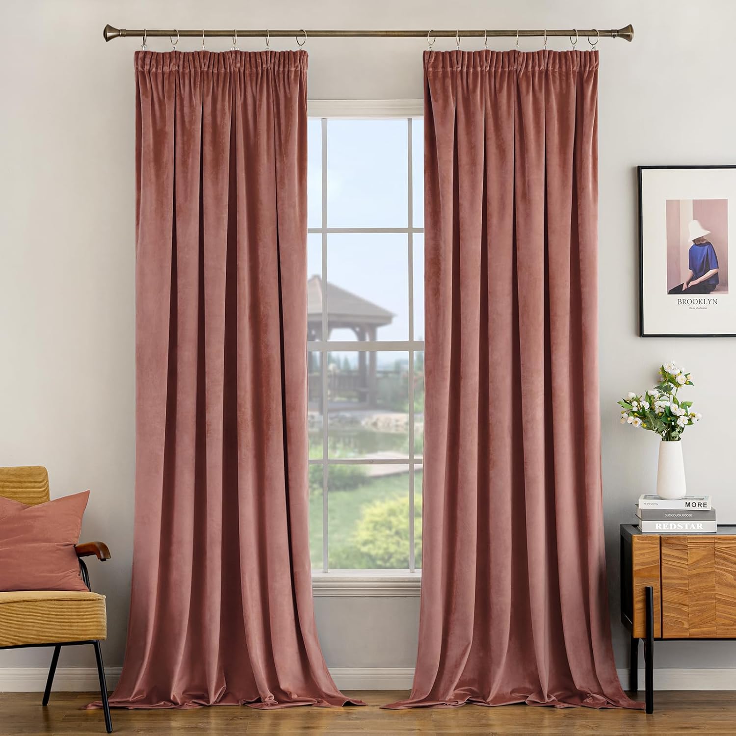 Woaboy Pencil Pleat Velvet Pink Curtains 90 Drop for Living Room Luxury ...