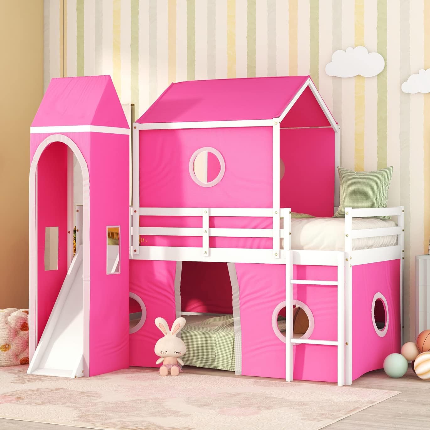 Amazon.com: INCLAKE House Loft Bunk Bed with Tent & Tower, Castle Bunk ...