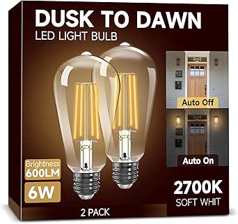 UNILAMP Dusk to Dawn Light Bulbs, Outdoor Light Bulbs, ST64 6W Equivalent 60W, 2700K Soft White ...